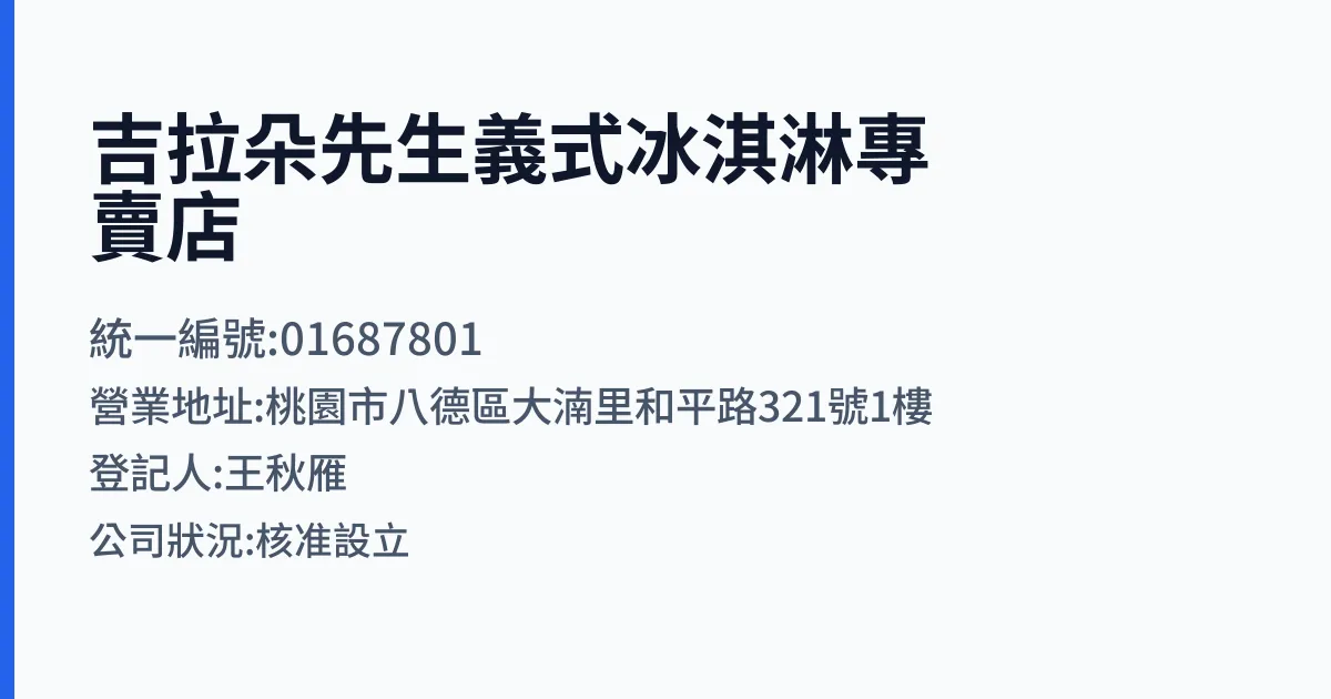 吉拉朵先生義式冰淇淋專賣店 - 統編 01687801(桃園市) 公司登記資料與營業項目詳細圖表