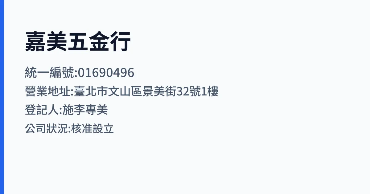嘉美五金行 - 統編 01690496(臺北市) 公司登記資料與營業項目詳細圖表