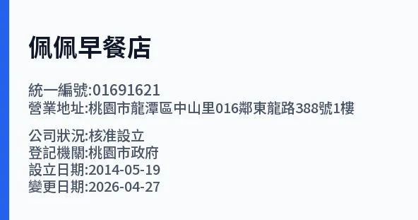 佩佩早餐店的照片-統編 01691621(桃園市) 公司登記資料與營業項目詳細圖表