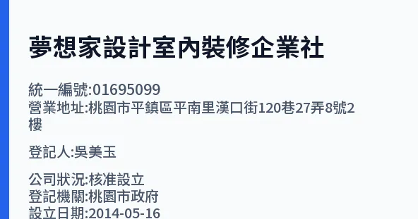 夢想家設計室內裝修企業社的照片-統編 01695099(桃園市) 公司登記資料與營業項目詳細圖表