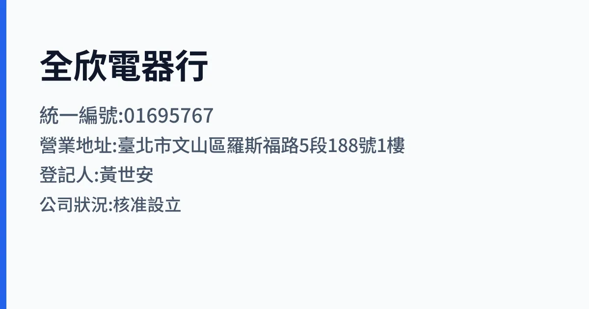 全欣電器行 - 統編 01695767(臺北市) 公司登記資料與營業項目詳細圖表