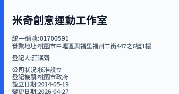 米奇創意運動工作室的照片-統編 01700591(桃園市) 公司登記資料與營業項目詳細圖表