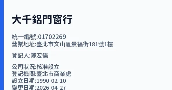 大千鋁門窗行的照片-統編 01702269(臺北市) 公司登記資料與營業項目詳細圖表