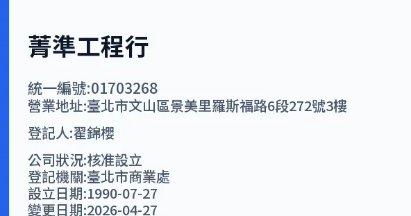 菁準工程行的照片-統編 01703268(臺北市) 公司登記資料與營業項目詳細圖表