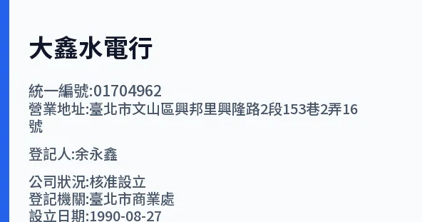 大鑫水電行的照片-統編 01704962(臺北市) 公司登記資料與營業項目詳細圖表
