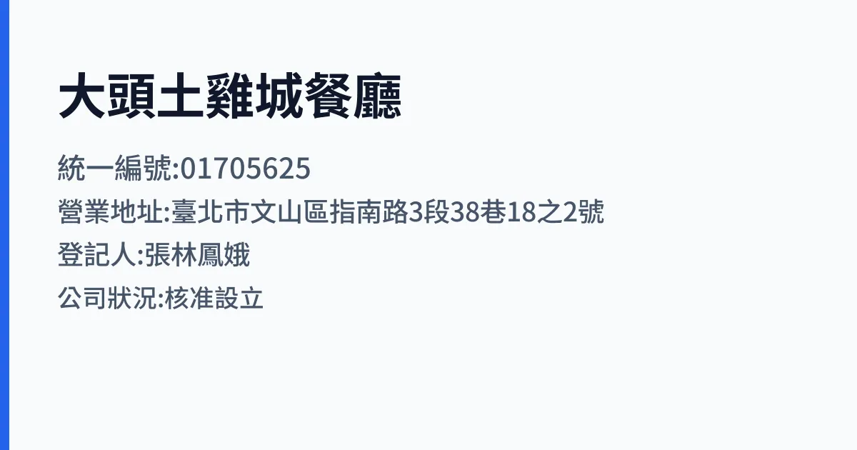 大頭土雞城餐廳 - 統編 01705625(臺北市) 公司登記資料與營業項目詳細圖表
