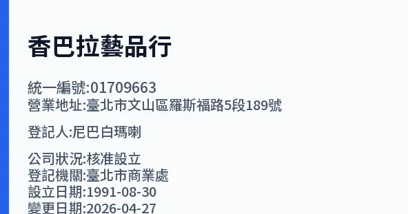 香巴拉藝品行的照片-統編 01709663(臺北市) 公司登記資料與營業項目詳細圖表