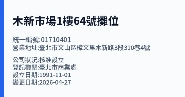 木新市場1樓64號攤位的照片-統編 01710401(臺北市) 公司登記資料與營業項目詳細圖表