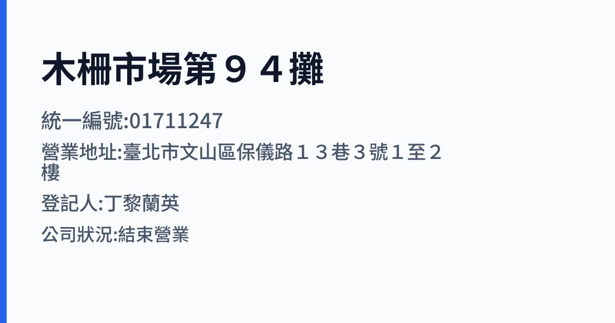 木柵市場第９４攤 - 統編 01711247（臺北市） 公司登記資料與營業項目詳細圖表