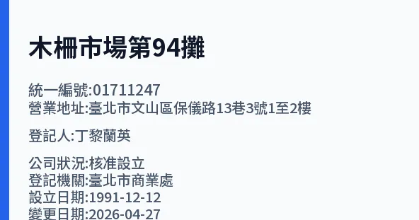 木柵市場第94攤的照片-統編 01711247(臺北市) 公司登記資料與營業項目詳細圖表