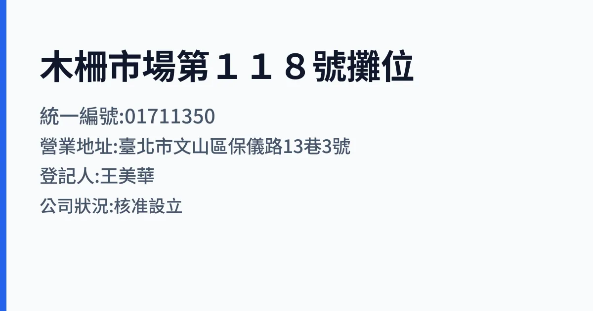 木柵市場第１１８號攤位 - 統編 01711350(臺北市) 公司登記資料與營業項目詳細圖表
