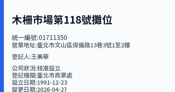 木柵市場第118號攤位的照片-統編 01711350(臺北市) 公司登記資料與營業項目詳細圖表
