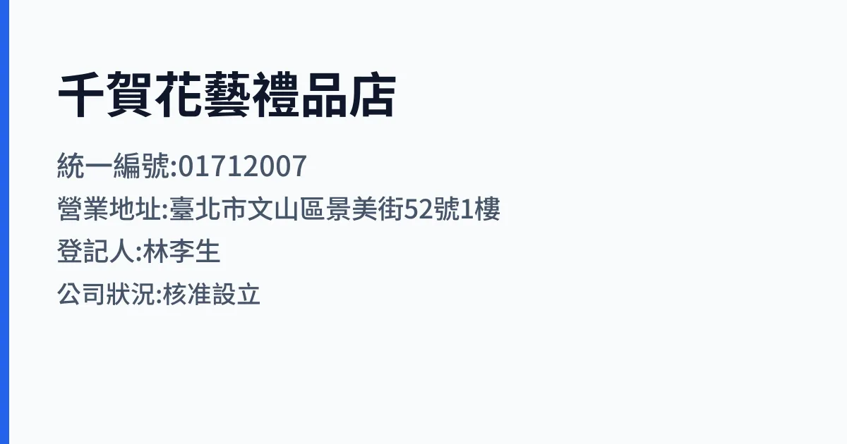 千賀花藝禮品店 - 統編 01712007(臺北市) 公司登記資料與營業項目詳細圖表