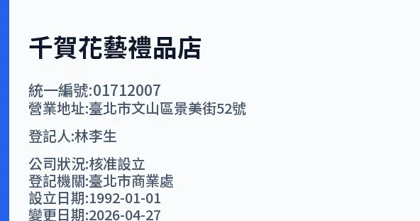 千賀花藝禮品店的照片-統編 01712007(臺北市) 公司登記資料與營業項目詳細圖表