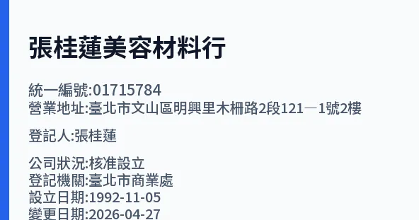 張桂蓮美容材料行的照片-統編 01715784(臺北市) 公司登記資料與營業項目詳細圖表