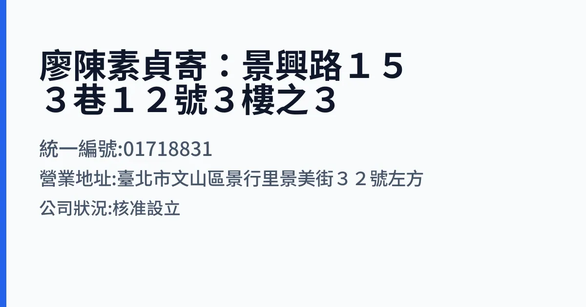 廖陳素貞寄：景興路１５３巷１２號３樓之３ - 統編 01718831(臺北市) 公司登記資料與營業項目詳細圖表
