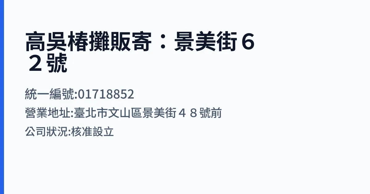 高吳椿攤販寄:景美街62號 - 統編 01718852(臺北市) 公司登記資料與營業項目詳細圖表