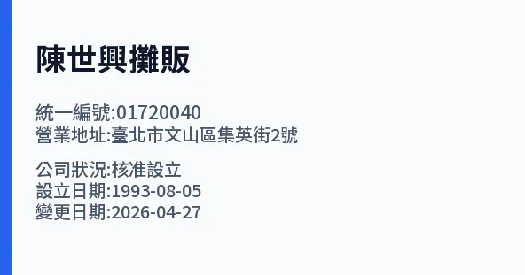 陳世興攤販的照片-統編 01720040(臺北市) 公司登記資料與營業項目詳細圖表