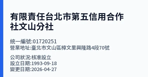 有限責任台北市第五信用合作社文山分社的照片-統編 01720251(臺北市) 公司登記資料與營業項目詳細圖表