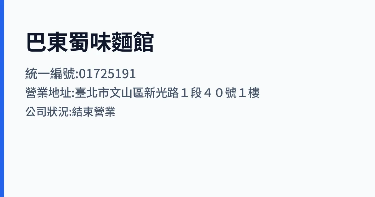 巴東蜀味麵館 - 統編 01725191(臺北市) 公司登記資料與營業項目詳細圖表