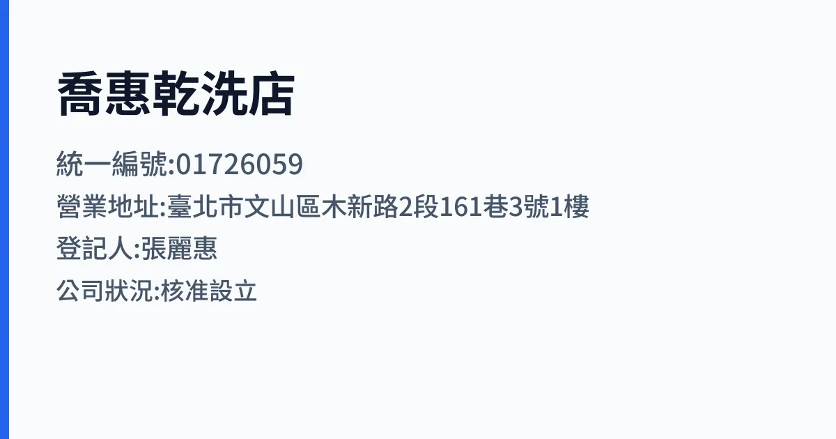 喬惠乾洗店 - 統編 01726059(臺北市) 公司登記資料與營業項目詳細圖表