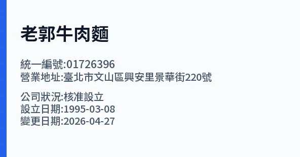 老郭牛肉麵的照片-統編 01726396(臺北市) 公司登記資料與營業項目詳細圖表