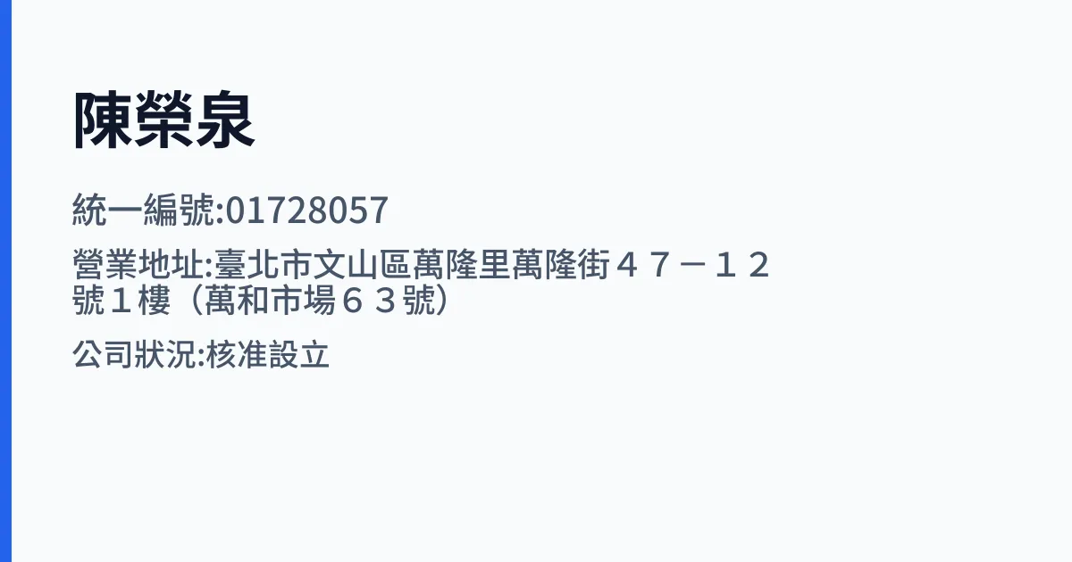 陳榮泉 - 統編 01728057(臺北市) 公司登記資料與營業項目詳細圖表