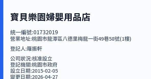寶貝樂園婦嬰用品店的照片-統編 01732019(桃園市) 公司登記資料與營業項目詳細圖表