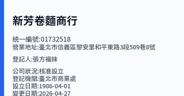 新芳卷麵商行的照片-統編 01732518(臺北市) 公司登記資料與營業項目詳細圖表