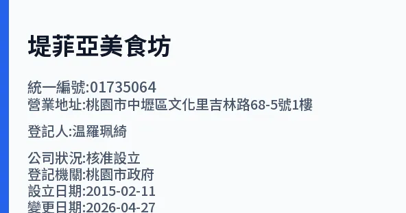 堤菲亞美食坊的照片-統編 01735064(桃園市) 公司登記資料與營業項目詳細圖表
