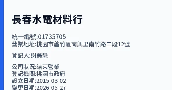 長春水電材料行的照片-統編 01735705(桃園市) 公司登記資料與營業項目詳細圖表