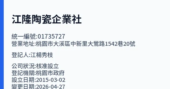 江隆陶瓷企業社的照片-統編 01735727(桃園市) 公司登記資料與營業項目詳細圖表