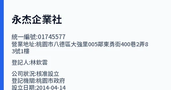 永杰企業社的照片-統編 01745577(桃園市) 公司登記資料與營業項目詳細圖表