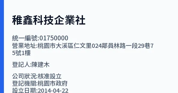 稚鑫科技企業社的照片-統編 01750000(桃園市) 公司登記資料與營業項目詳細圖表