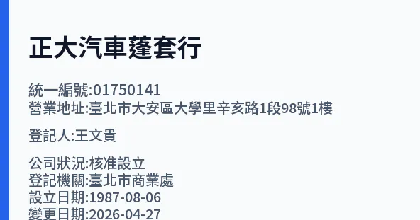 正大汽車蓬套行的照片-統編 01750141(臺北市) 公司登記資料與營業項目詳細圖表