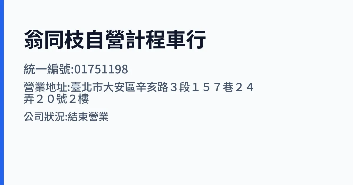 翁同枝自營計程車行 - 統編 01751198（臺北市） 公司登記資料與營業項目詳細圖表