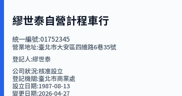 繆世泰自營計程車行的照片-統編 01752345(臺北市) 公司登記資料與營業項目詳細圖表