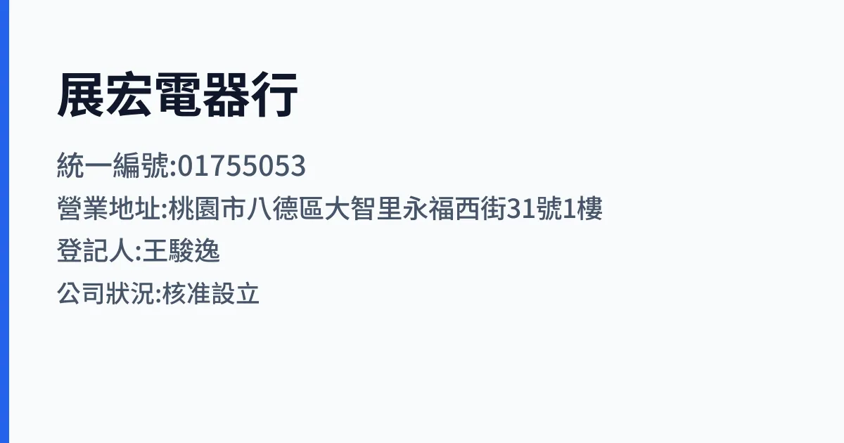 展宏電器行 - 統編 01755053(桃園市) 公司登記資料與營業項目詳細圖表