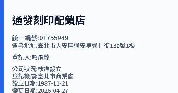 通發刻印配鎖店的照片-統編 01755949(臺北市) 公司登記資料與營業項目詳細圖表