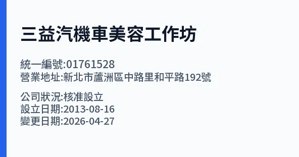 三益汽機車美容工作坊的照片-統編 01761528(新北市) 公司登記資料與營業項目詳細圖表