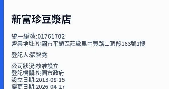 新富珍豆漿店的照片-統編 01761702(桃園市) 公司登記資料與營業項目詳細圖表