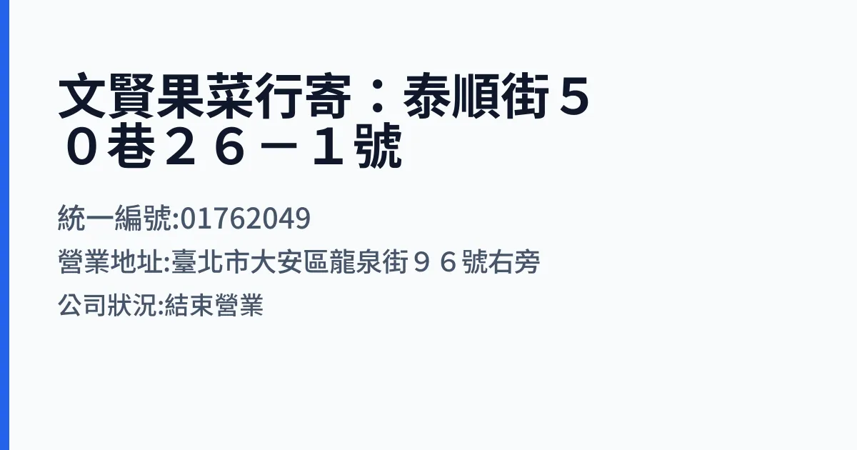 文賢果菜行寄:泰順街50巷26-1號 - 統編 01762049(臺北市) 公司登記資料與營業項目詳細圖表