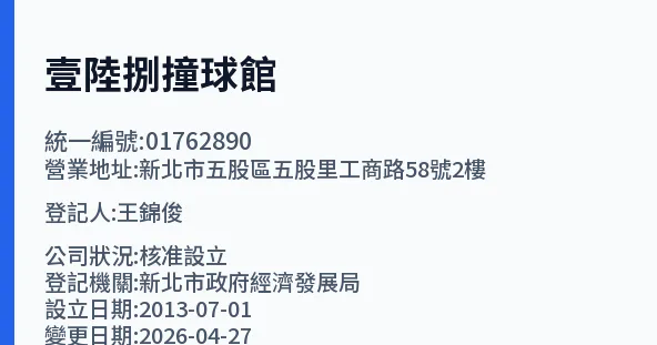 壹陸捌撞球館的照片-統編 01762890(新北市) 公司登記資料與營業項目詳細圖表