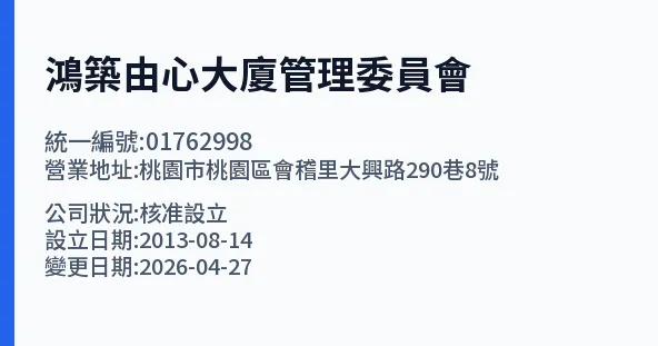 鴻築由心大廈管理委員會的照片-統編 01762998(桃園市) 公司登記資料與營業項目詳細圖表