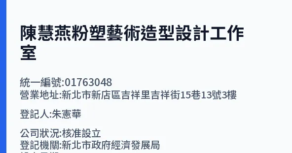 陳慧燕粉塑藝術造型設計工作室的照片-統編 01763048(新北市) 公司登記資料與營業項目詳細圖表