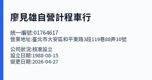 廖見雄自營計程車行的照片-統編 01764617(臺北市) 公司登記資料與營業項目詳細圖表