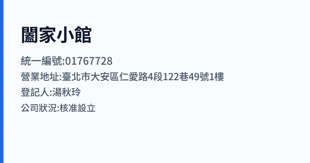 闔家小館 - 統編 01767728(臺北市) 公司登記資料與營業項目詳細圖表