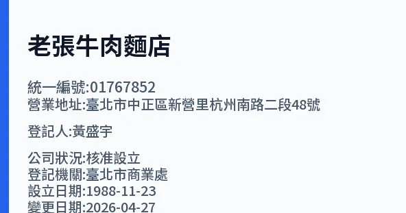 老張牛肉麵店的照片-統編 01767852(臺北市) 公司登記資料與營業項目詳細圖表