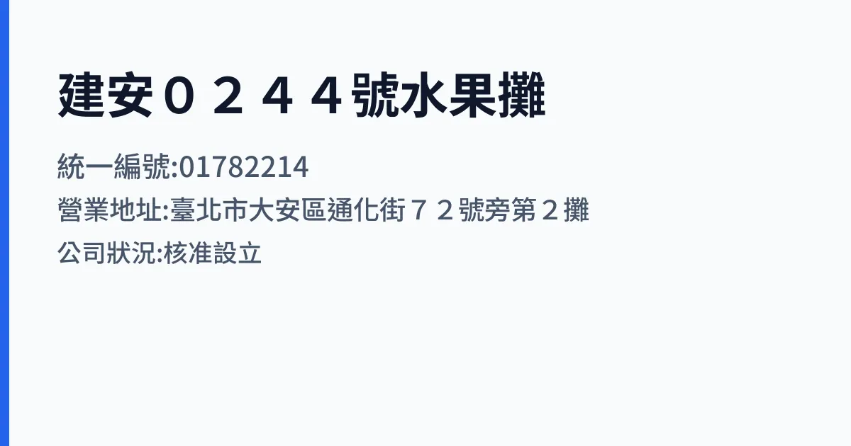 建安０２４４號水果攤 - 統編 01782214(臺北市) 公司登記資料與營業項目詳細圖表
