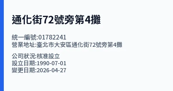 通化街72號旁第4攤的照片-統編 01782241(臺北市) 公司登記資料與營業項目詳細圖表